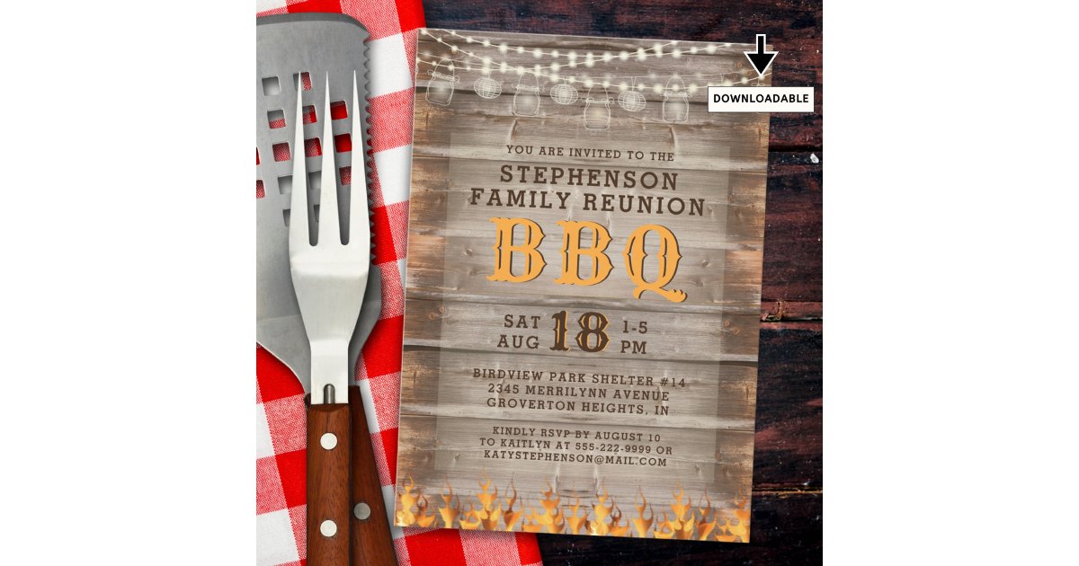 Family Reunion BBQ Rustic Wood Lights Invitation | Zazzle