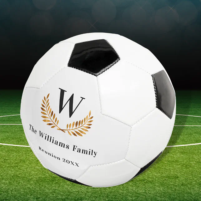 Family reunion custom monogram name gold soccer ball | Zazzle
