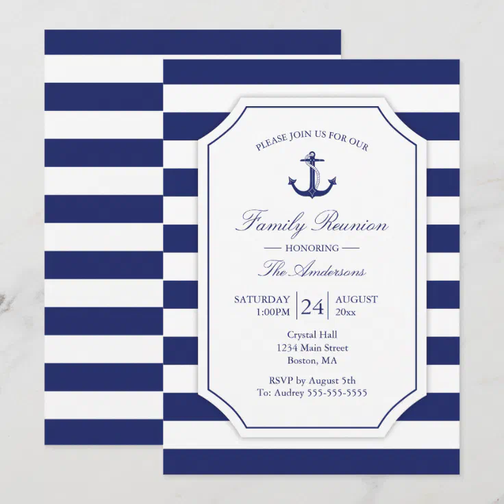 Family Reunion Nautical Anchor Blue Stripes Invitation | Zazzle
