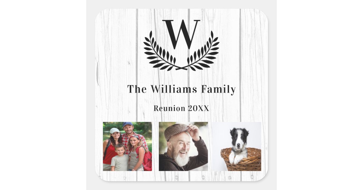 Family reunion photo monogram rustic wood square sticker | Zazzle