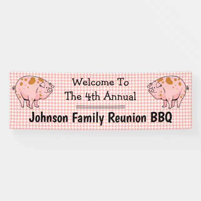 Family Reunion Pig BBQ Party Welcome Red Check Banner | Zazzle
