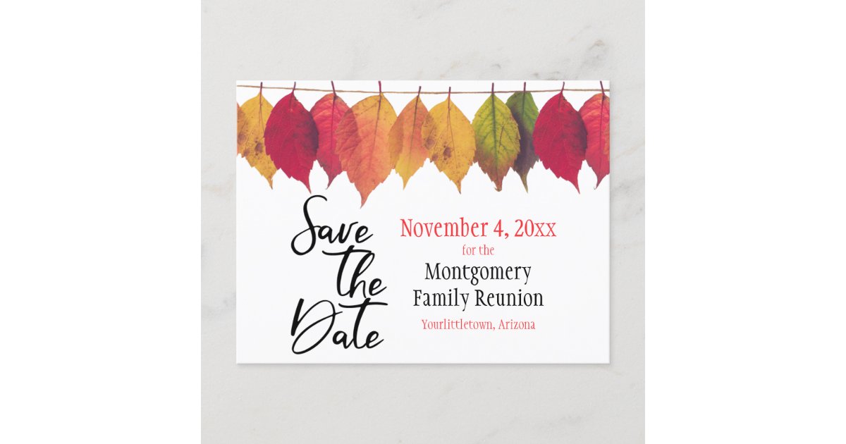 Family Reunion Save The Date Autumn Color Leaves Announcement Postcard ...
