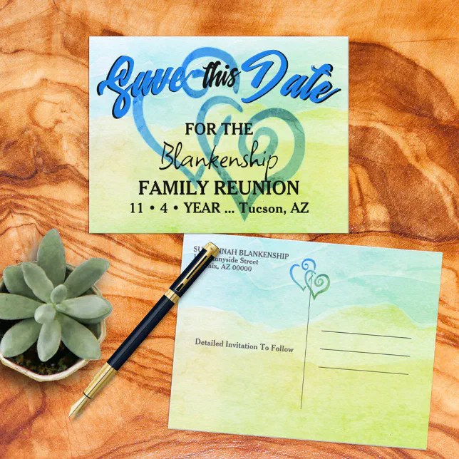 Family Reunion Save The Date Blue Green Hearts Announcement Postcard ...