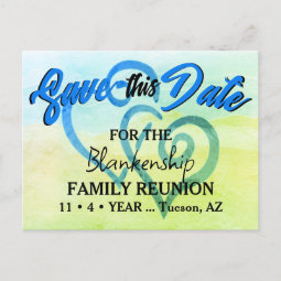 Family Reunion Save The Date Blue Green Hearts Announcement Postcard ...