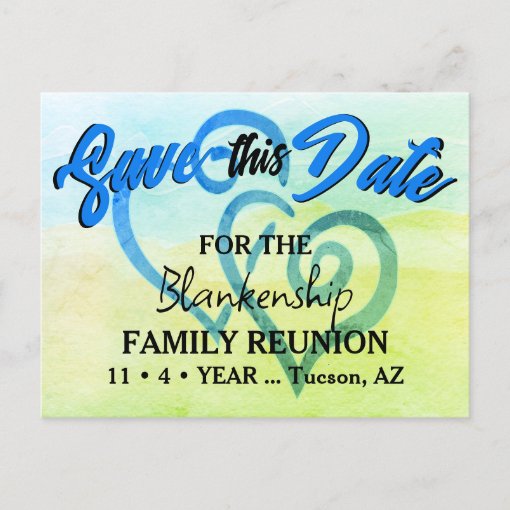 Family Reunion Save The Date Blue Green Hearts Announcement Postcard ...