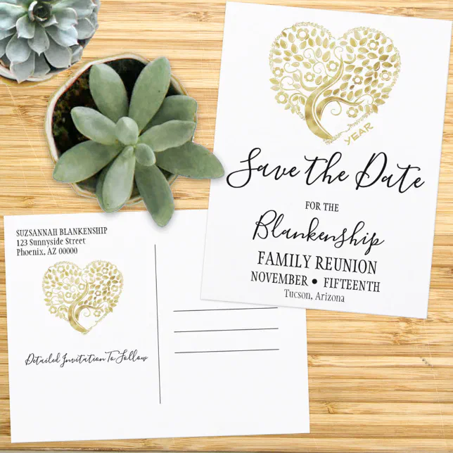Family Reunion Save The Date Gold Heart Tree White Announcement ...