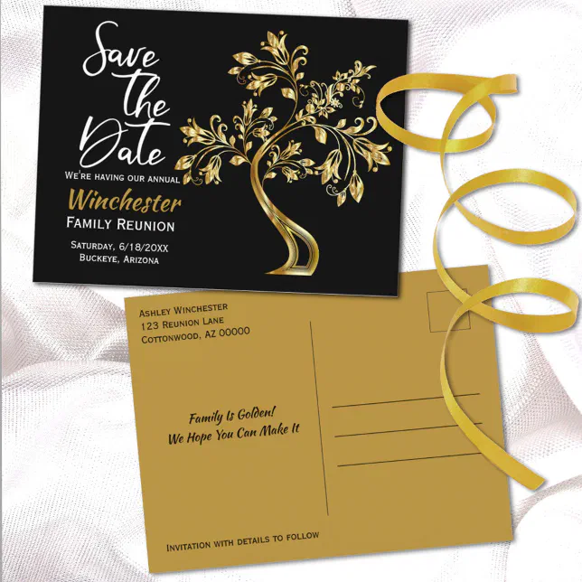 Family Reunion Save The Date Modern Gold Tree Announcement Postcard ...