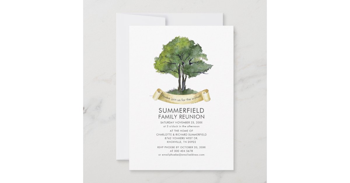 Family Reunion Tree Ribbon Watercolor Typography Invitation | Zazzle.com