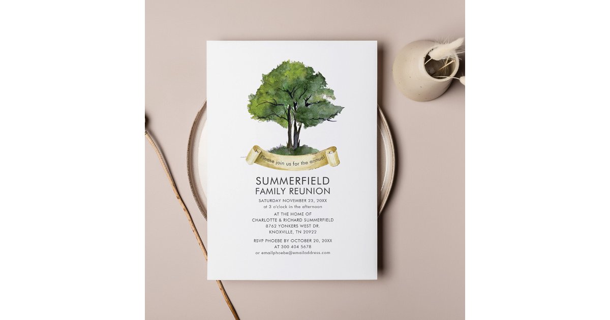Family Reunion Tree Ribbon Watercolor Typography Invitation | Zazzle