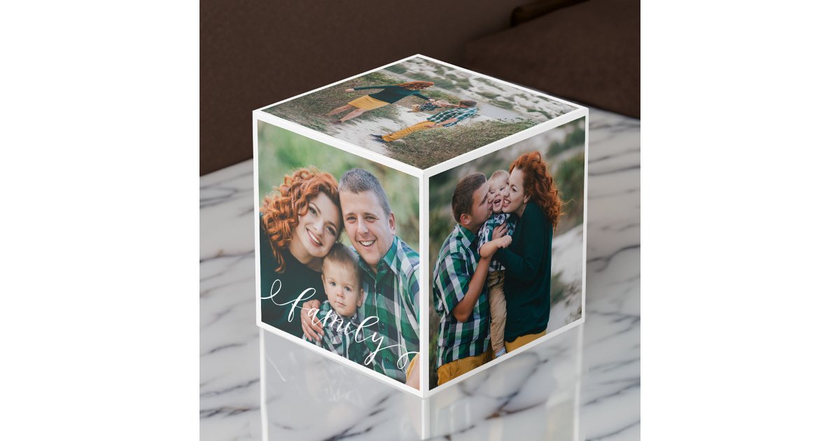 Family Script Minimal & Elegant 5 Photo Collage Cube | Zazzle