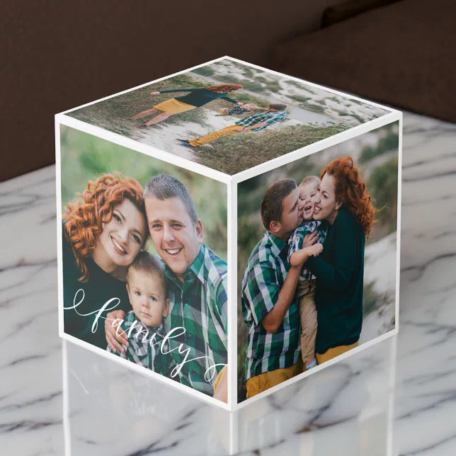Family Script Minimal & Elegant 5 Photo Collage Cube | Zazzle