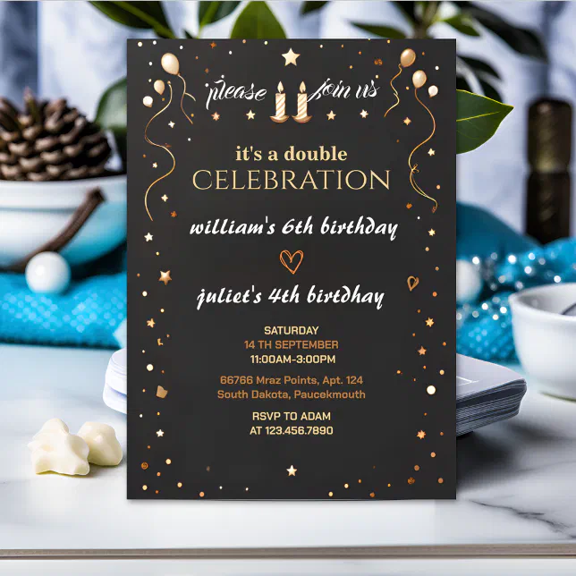 family Sibling Black simple modern Joint Birthday Invitation | Zazzle