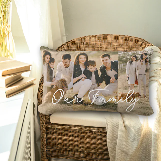Family Text Overlay Photo Collage Script Lumbar Pillow | Zazzle