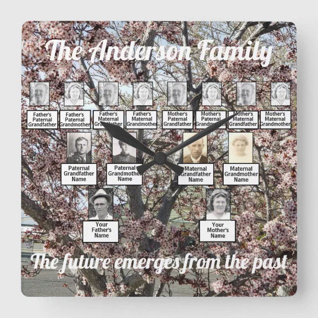 Family Tree Pink Blossoming Spring Tree Square Wall Clock | Zazzle