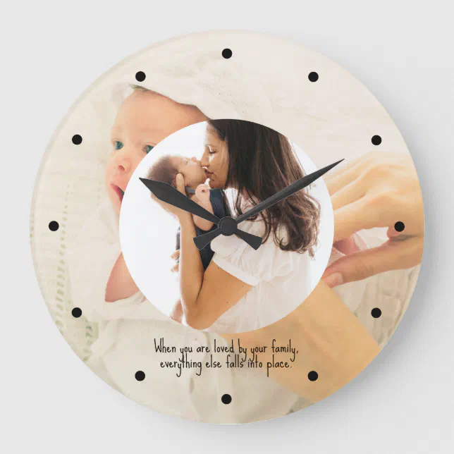 Family Two Photo Collage Simple Round Frame Large Clock | Zazzle