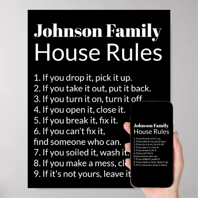Family's House Rules Black and White Text Template Poster | Zazzle