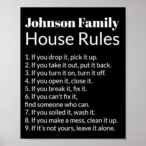 Family's House Rules Black and White Text Template Poster | Zazzle