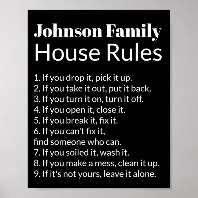 Family's House Rules Black and White Text Template Poster | Zazzle