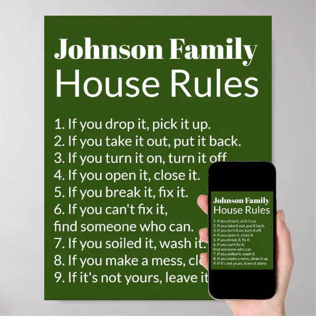 Family's House Rules Dark Green and White Template Poster | Zazzle