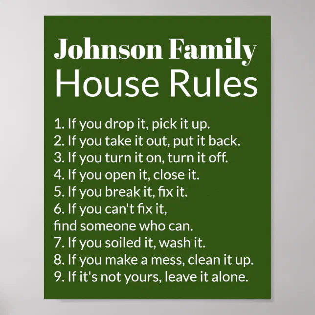Family's House Rules Dark Green and White Template Poster | Zazzle