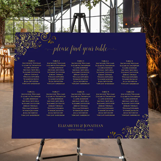 Fancy 10 Table Navy & Gold Wedding Seating Chart Foam Board | Zazzle