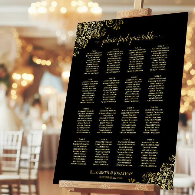 Fancy 16 Table Black & Gold Wedding Seating Chart Foam Board | Zazzle