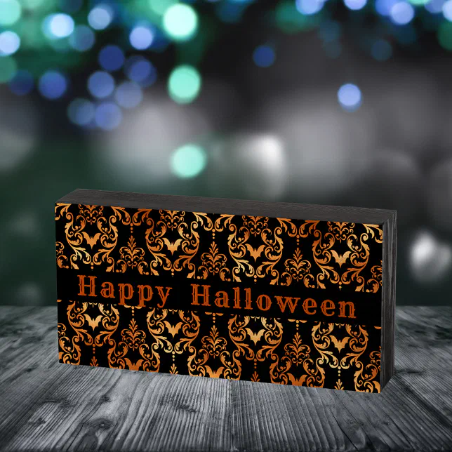 Fancy Bat Brocade Halloween Customizable Wooden Box Sign | Zazzle