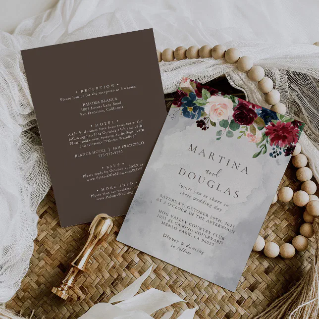 Fancy Classic Flowers Back & Front Wedding Invitation | Zazzle
