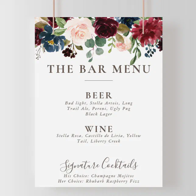 Fancy Classic Flowers Wedding Bar Menu Poster | Zazzle