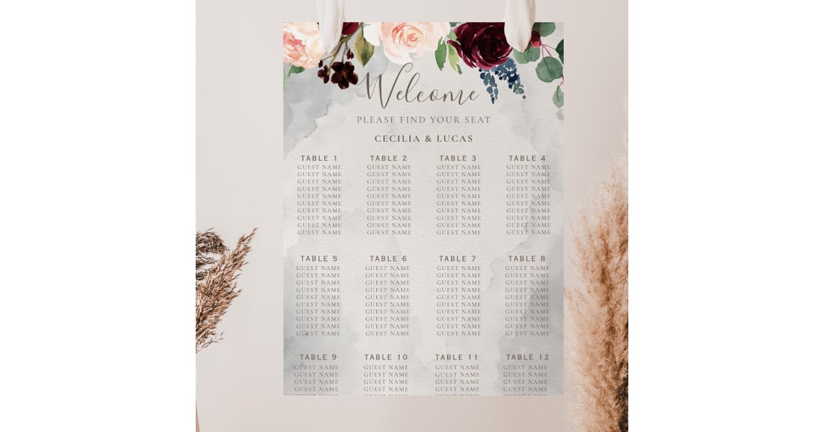 Fancy Classic Rose Flowers Wedding Seating Chart | Zazzle