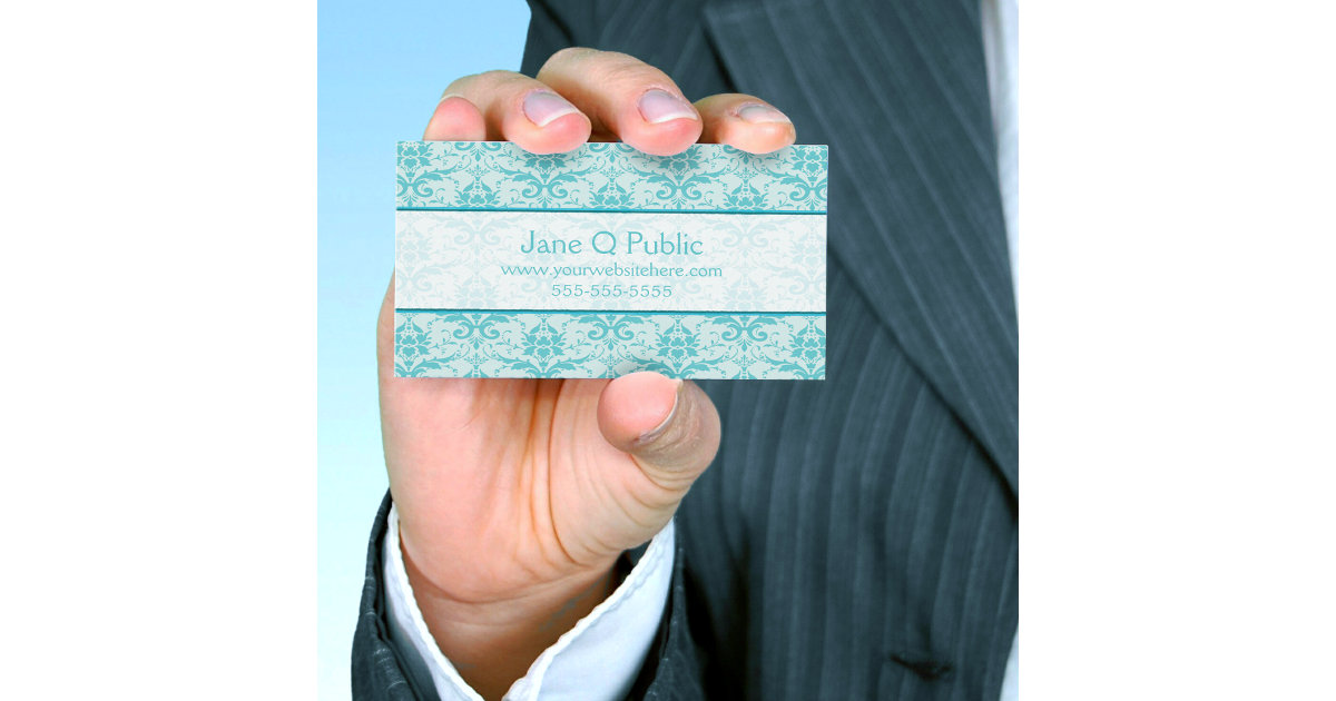 Fancy Eggshell Blue Damask Business Card | Zazzle