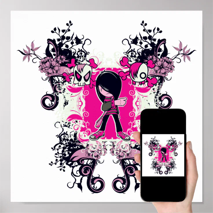 fancy emo girl kid with crossbone skull swirls poster | Zazzle