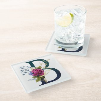 Fancy Floral Monogram Letter B Glass Coaster | Zazzle