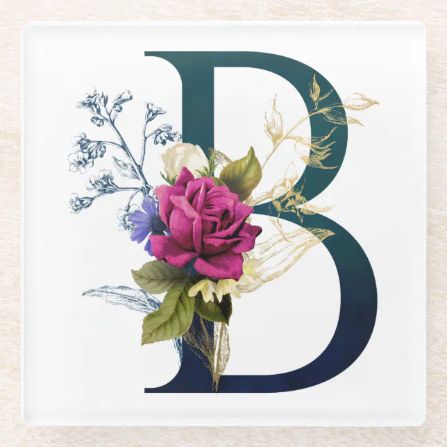 Fancy Floral Monogram Letter B Glass Coaster | Zazzle