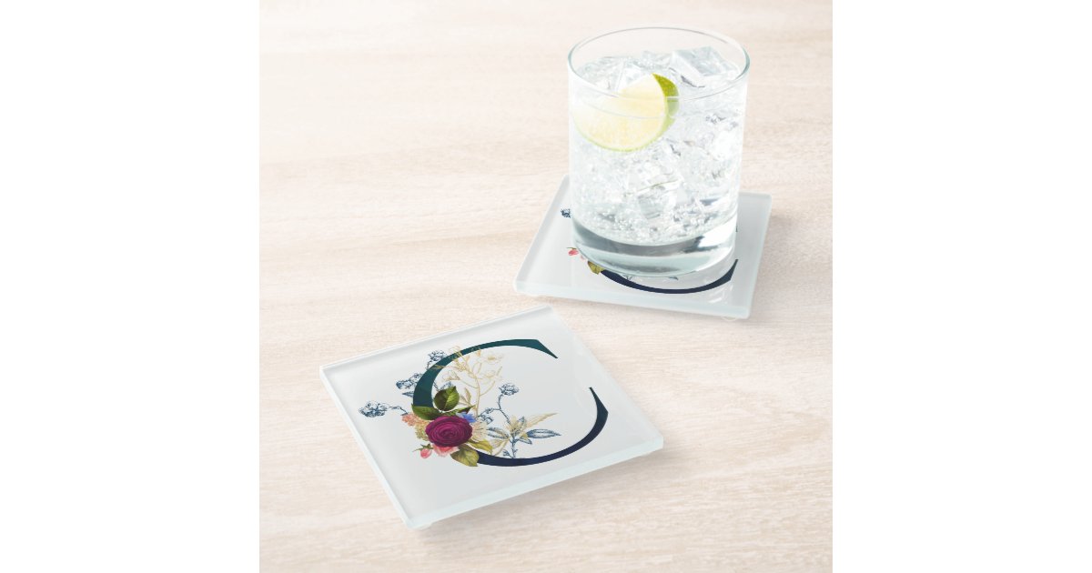 Fancy Floral Monogram Letter C Glass Coaster | Zazzle