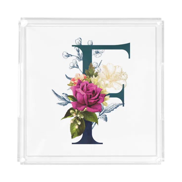 Fancy Floral Monogram Letter F Acrylic Tray | Zazzle