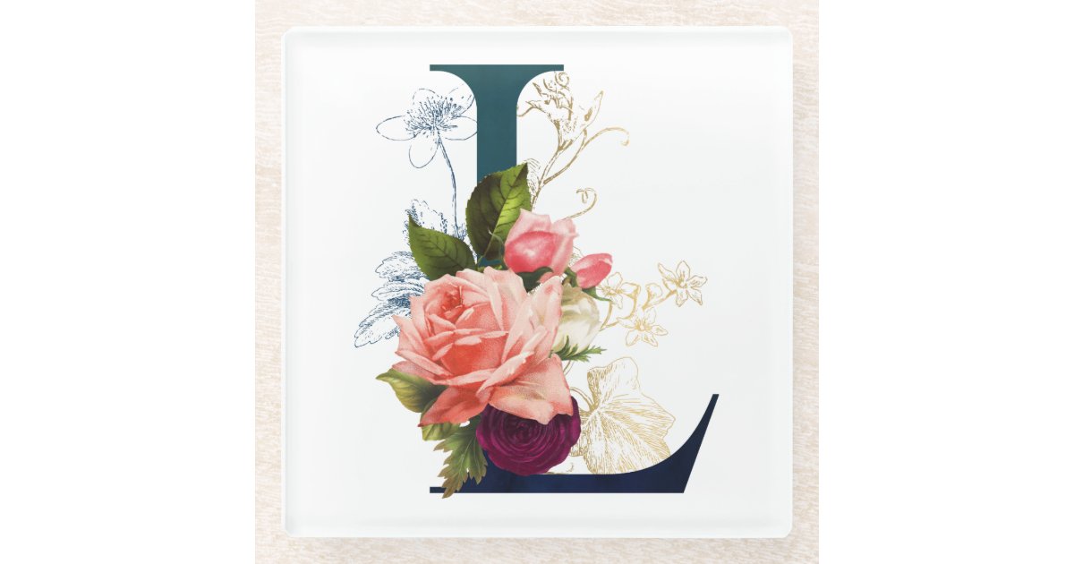Fancy Floral Monogram Letter L Glass Coaster | Zazzle