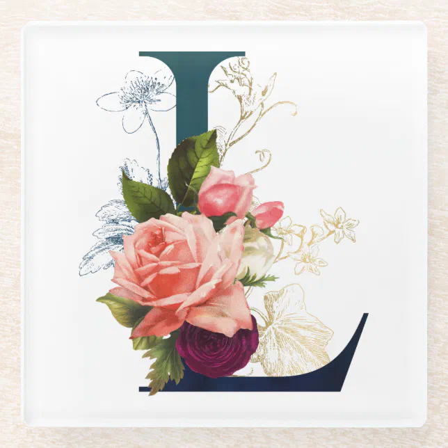 Fancy Floral Monogram Letter L Glass Coaster | Zazzle