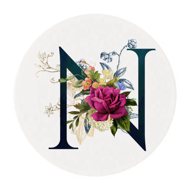 Fancy Floral Monogram Letter N Edible Frosting Rounds | Zazzle