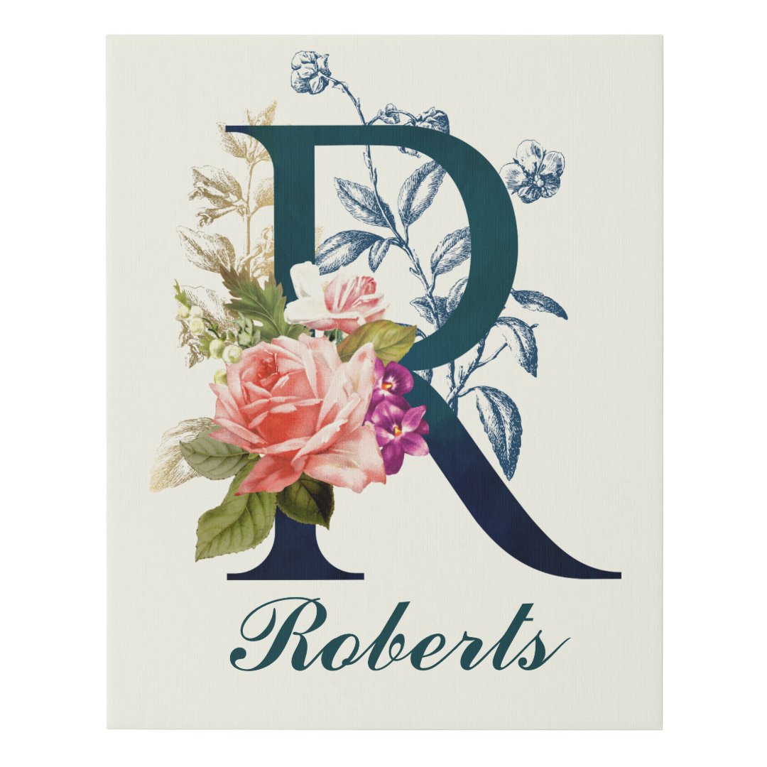 Fancy Floral Monogram Letter R Faux Canvas Print | Zazzle