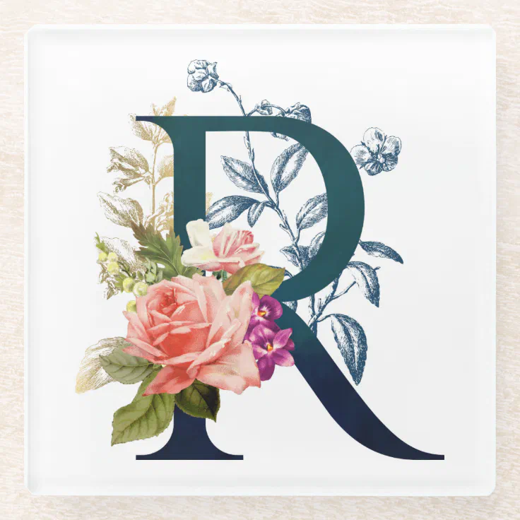 Fancy Floral Monogram Letter R Glass Coaster | Zazzle