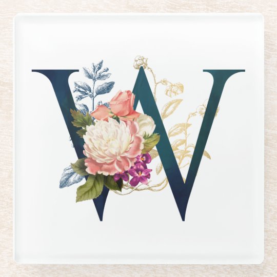 Fancy Floral Monogram Letter W Glass Coaster | Zazzle.com