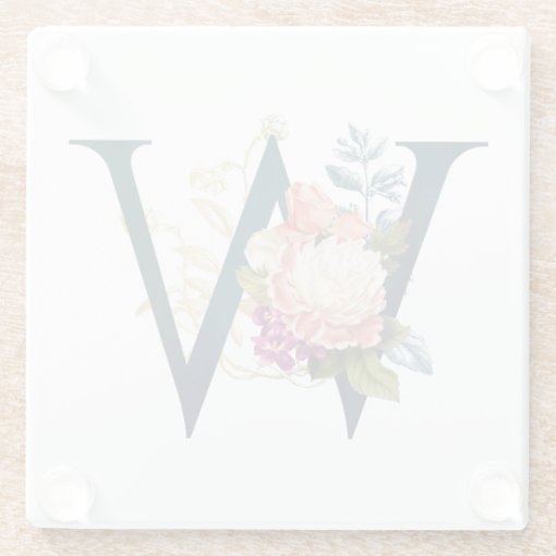 Fancy Floral Monogram Letter W Glass Coaster | Zazzle