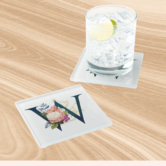 Fancy Floral Monogram Letter W Glass Coaster | Zazzle
