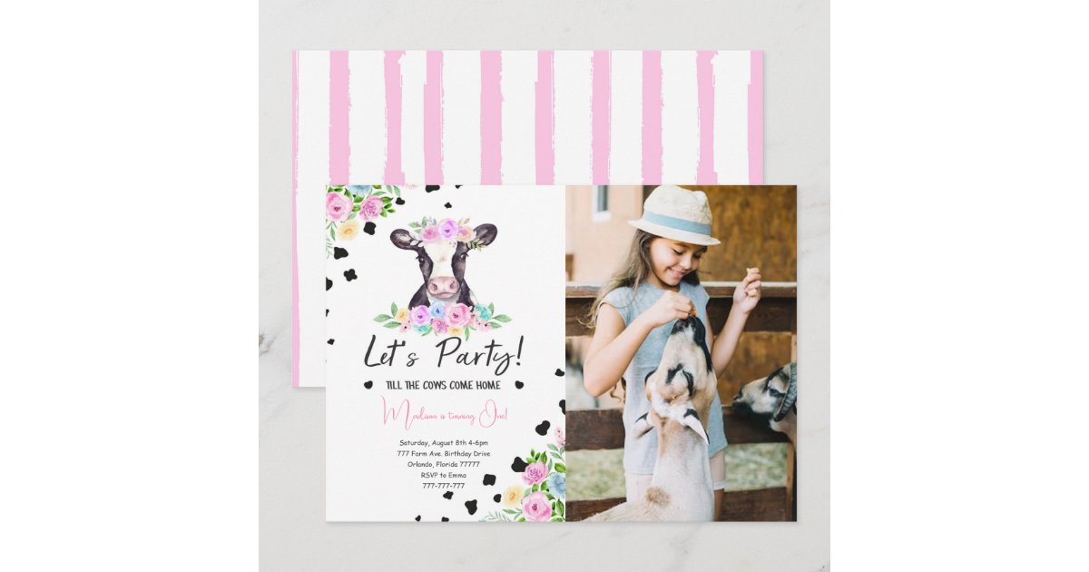 Fancy Font Cow Birthday Photo Invitation | Zazzle