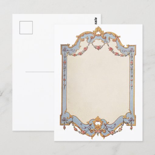 Fancy French Vintage Frame Blue Gold Scroll Rose Postcard | Zazzle