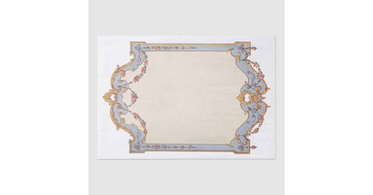 Fancy French Vintage Frame Blue Gold Scroll Rose Tissue Paper | Zazzle