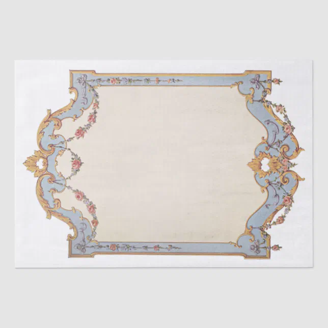 Fancy French Vintage Frame Blue Gold Scroll Rose Tissue Paper | Zazzle