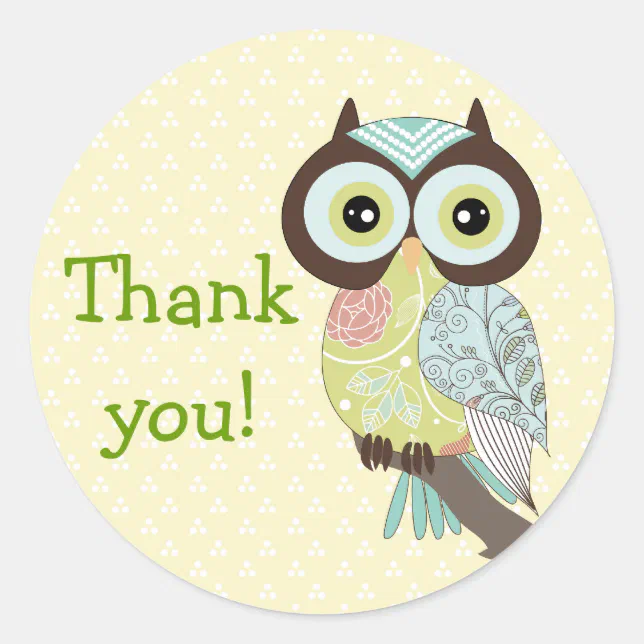 Fancy Funky Owl Thank you Stickers | Zazzle