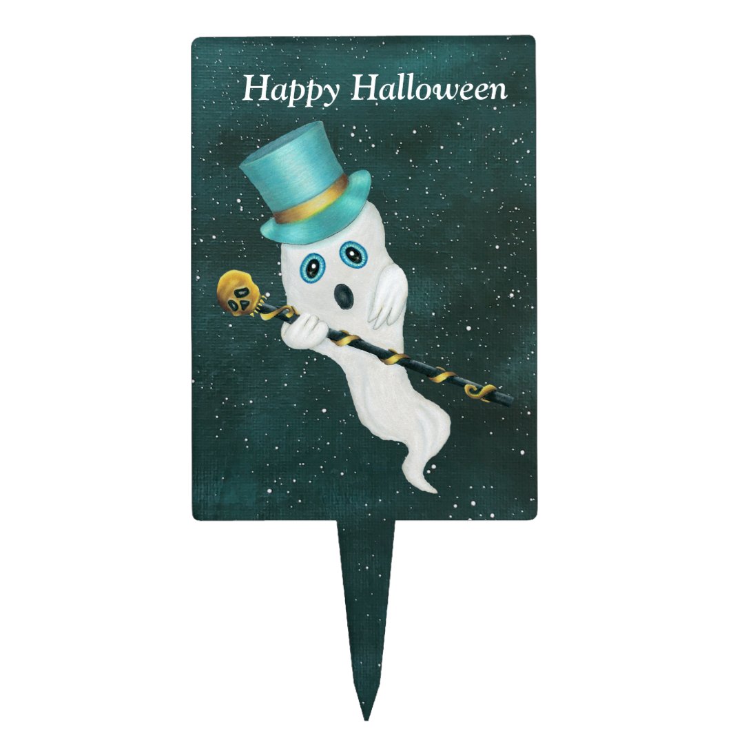 Fancy Ghost in Blue Top Hat Skull Cane Night Sky Cake Topper | Zazzle